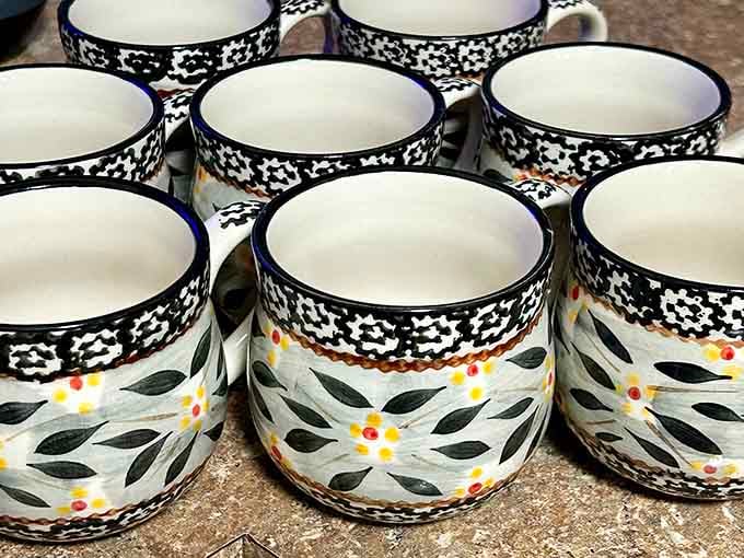 Hand-painted ceramic mugs with personality that mass-produced coffee cups could only dream about achieving someday.