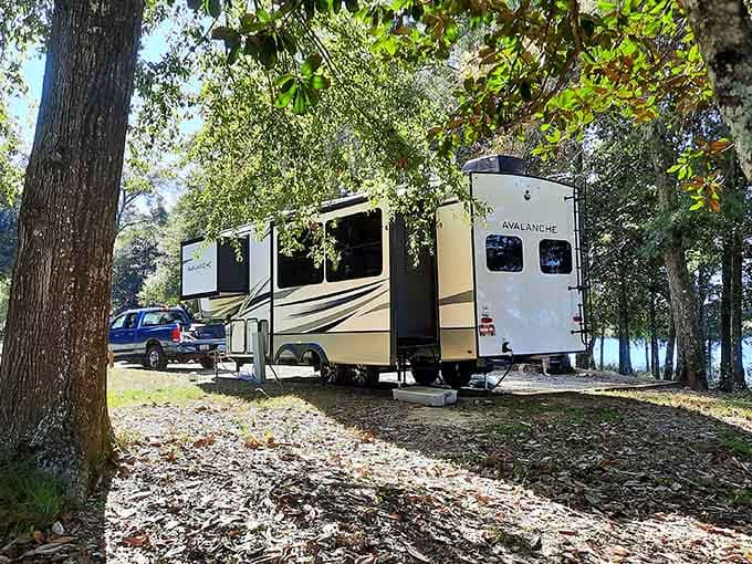 RV camping where you get nature's beauty with the bonus of not sleeping directly on the ground like a caveman.