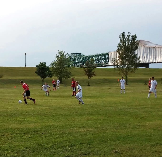 Soccer on the riverfront with that iconic bridge backdrop beats any indoor sports complex, hands down.