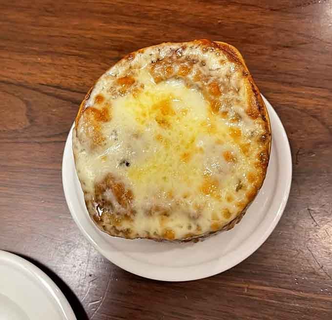 French onion soup with that gloriously melted cheese blanket warms souls on any Maryland day.