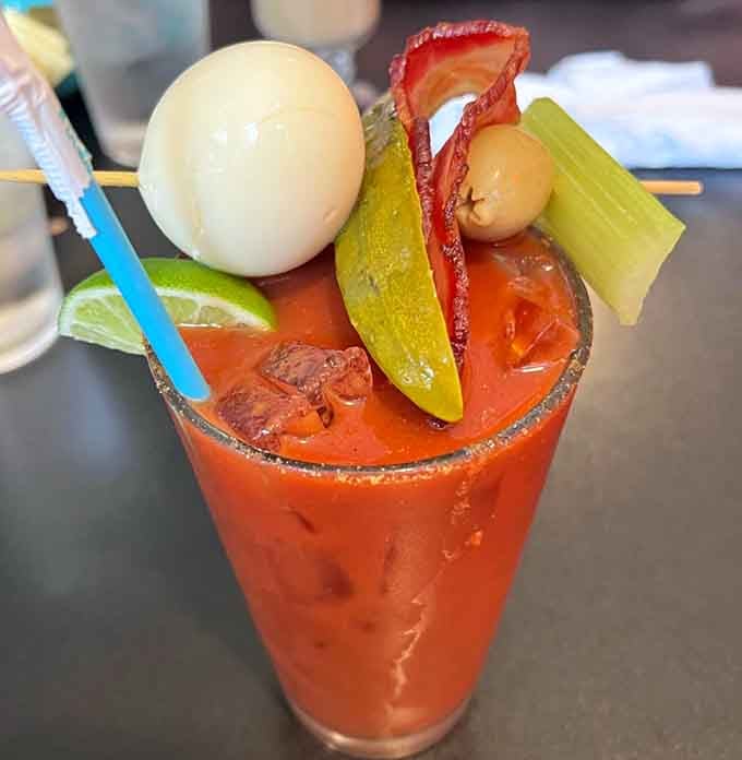 A Bloody Mary so loaded with garnishes it's practically a salad, making brunch feel like a celebration.