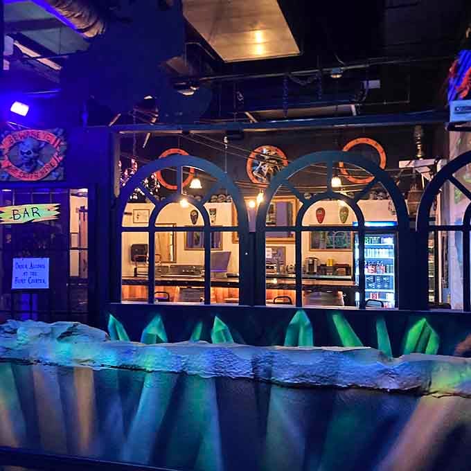 The bar area glows like a tropical sunset decided to become an interior decorator.