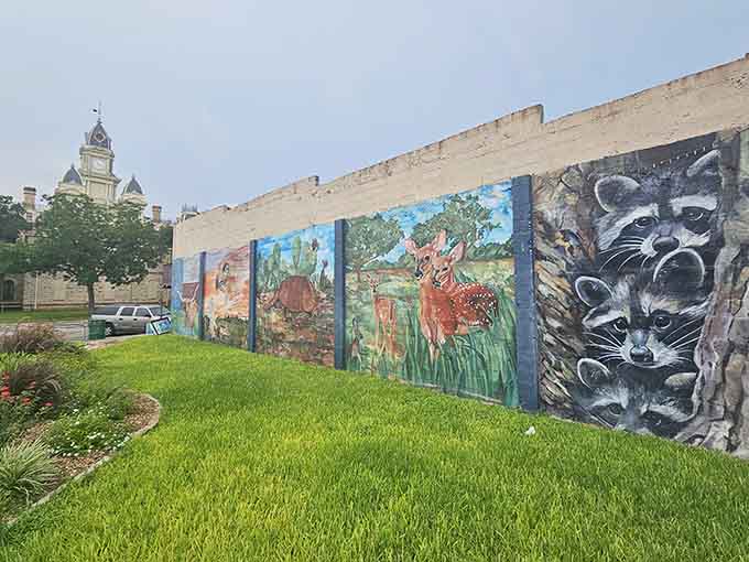 Local wildlife comes alive in vibrant murals that celebrate the natural beauty surrounding this historic community.
