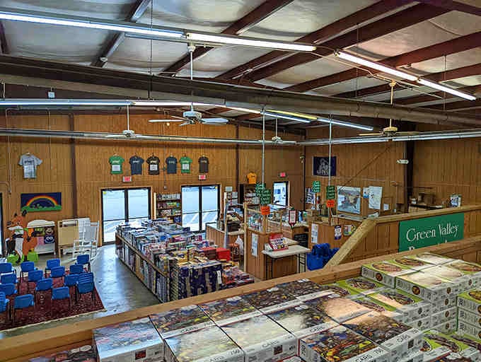 Exposed beams and practical lighting create a no-frills atmosphere where books are the stars, exactly as it should be.