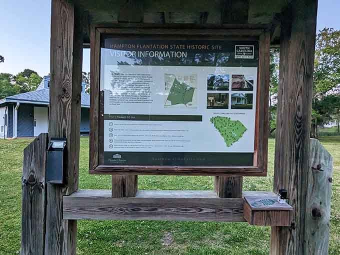Modern visitor information meets centuries-old history, because even time travelers need to know where the restrooms are located.