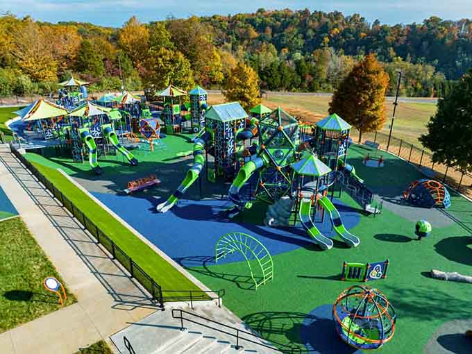 An aerial view reveals just how sprawling this playground paradise really is for adventurous youngsters.