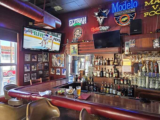 The bar area sports team logos and enough character to remind you this place earned its stripes honestly.