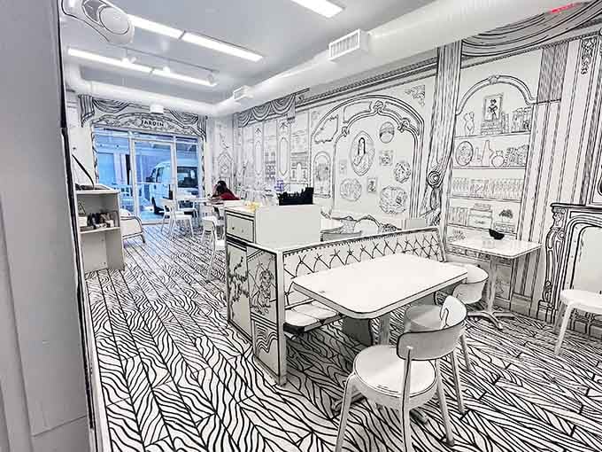 The view toward the exit reminds you that yes, this entire space really is covered in hand-drawn artwork.