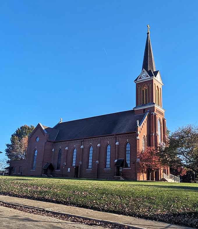 This brick church spire reaches skyward like it's been guiding folks home since before GPS made getting lost impossible.