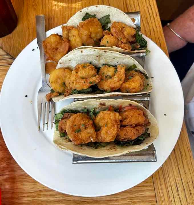 Shrimp tacos lined up like edible soldiers, ready to march directly into your happy stomach right now.