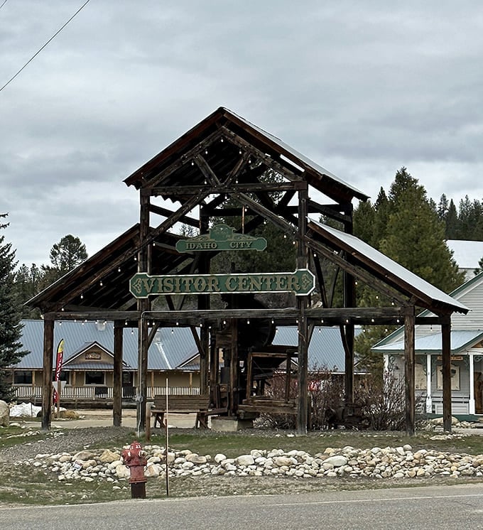 The Idaho City Visitor Center's rustic timber frame stands as an open-air welcome, inviting travelers to step back in time.