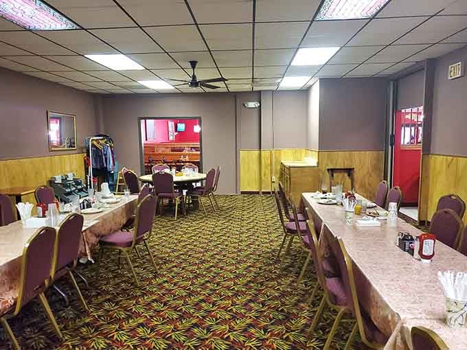 The private dining area offers a quieter experience, though you'll still hear the symphony of forks meeting plates.