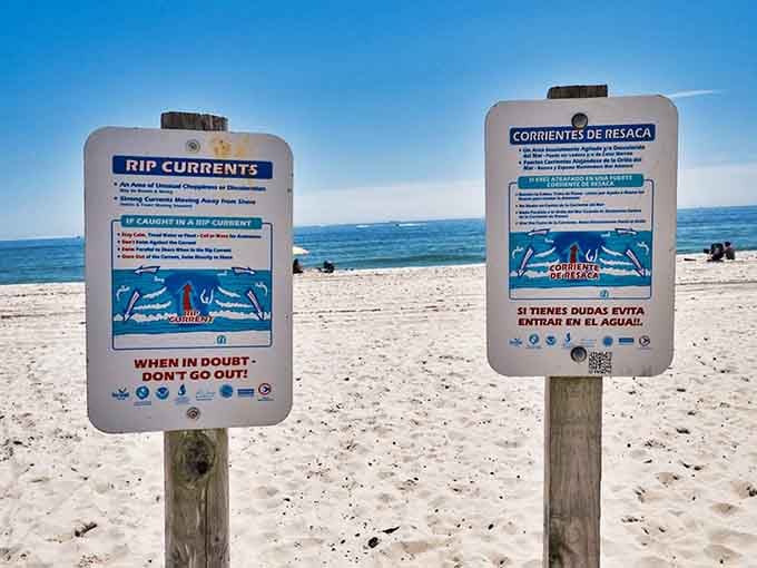 Safety signs in two languages because rip currents don't care what language you speak.