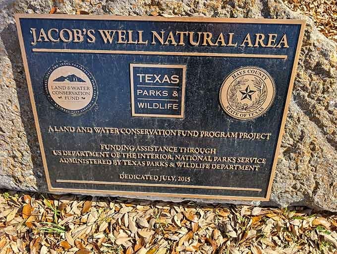 This plaque marks the spot where conservation met common sense, protecting Texas treasure for generations to come.