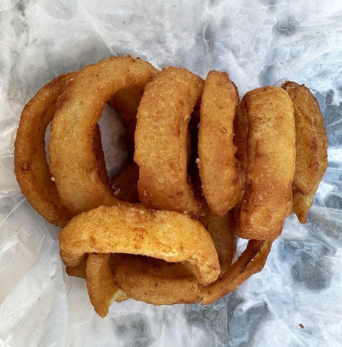 Onion rings so perfectly crispy they could teach a masterclass in the art of proper frying techniques.
