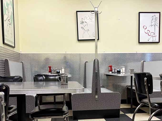 Chrome-edged booths with diamond-plate wainscoting create the perfect setting for solving life's problems over coffee refills.