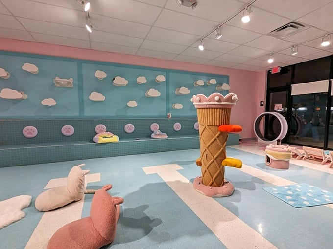 This whimsical play area features oversized ice cream cone sculptures because cats deserve Instagram-worthy backdrops too, apparently.