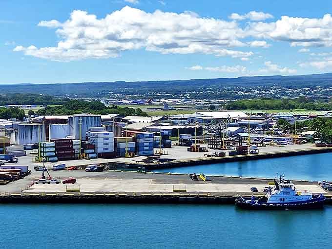 Hilo's working port reveals the practical side of paradise, where container ships bring mainland necessities to island life.