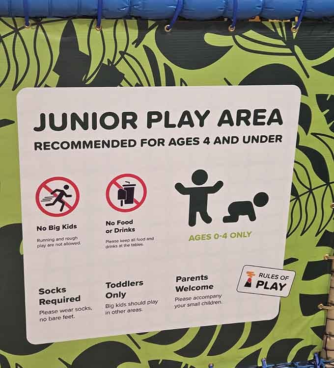 The junior play area keeps tiny humans safe from bigger ones, which every parent appreciates deeply.