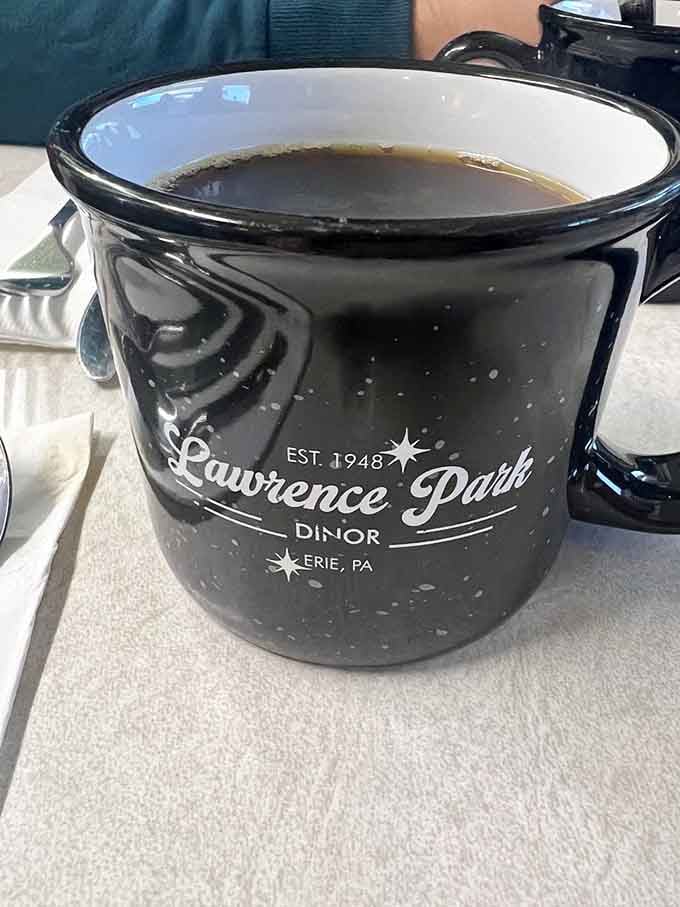 Coffee served in enamel mugs hits different, like your morning joe got dressed up for a camping trip in style.