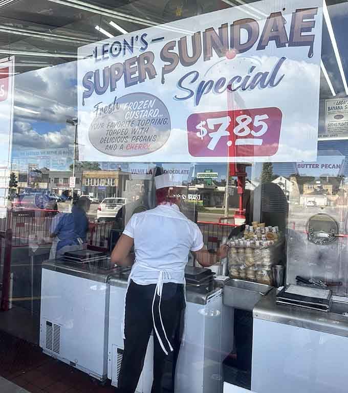 Behind the window, staff work their magic, turning fresh cream and eggs into the frozen custard dreams are made of.