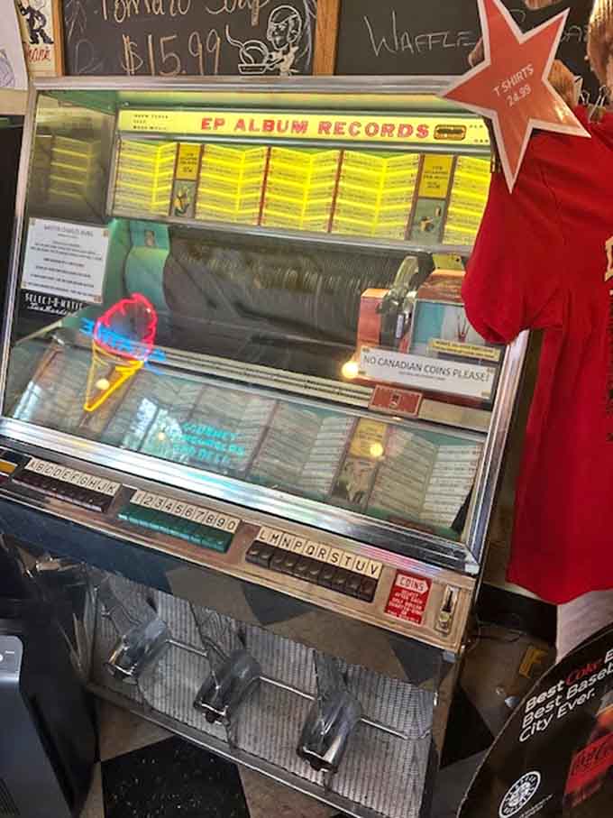 An actual working jukebox stands ready to soundtrack your meal, assuming you've got quarters and excellent musical taste.