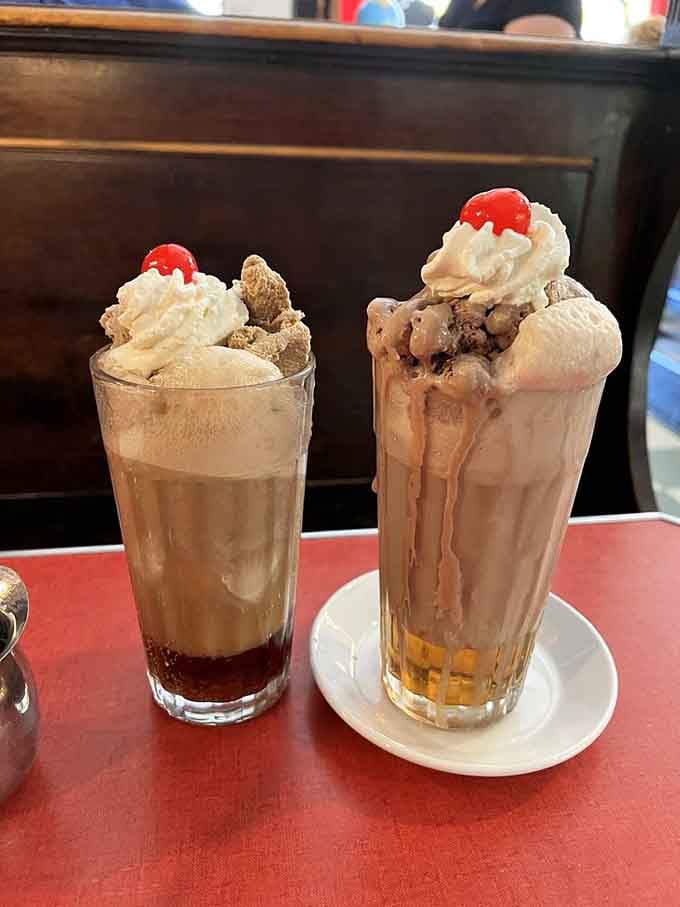 Two chocolate malts topped with cherries and whipped cream sitting side by side like old friends catching up over dessert.