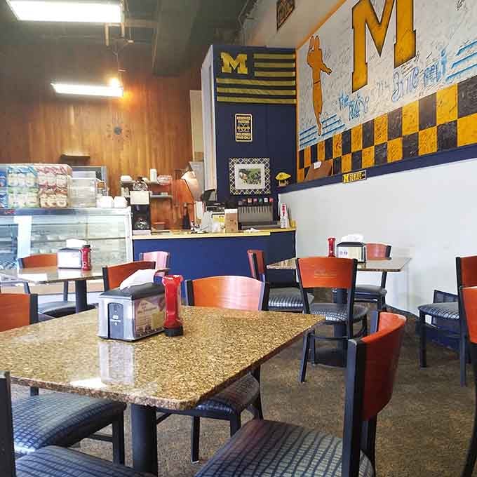 Clean, comfortable, and covered in maize and blue, this dining room welcomes everyone from students to sandwich pilgrims alike.