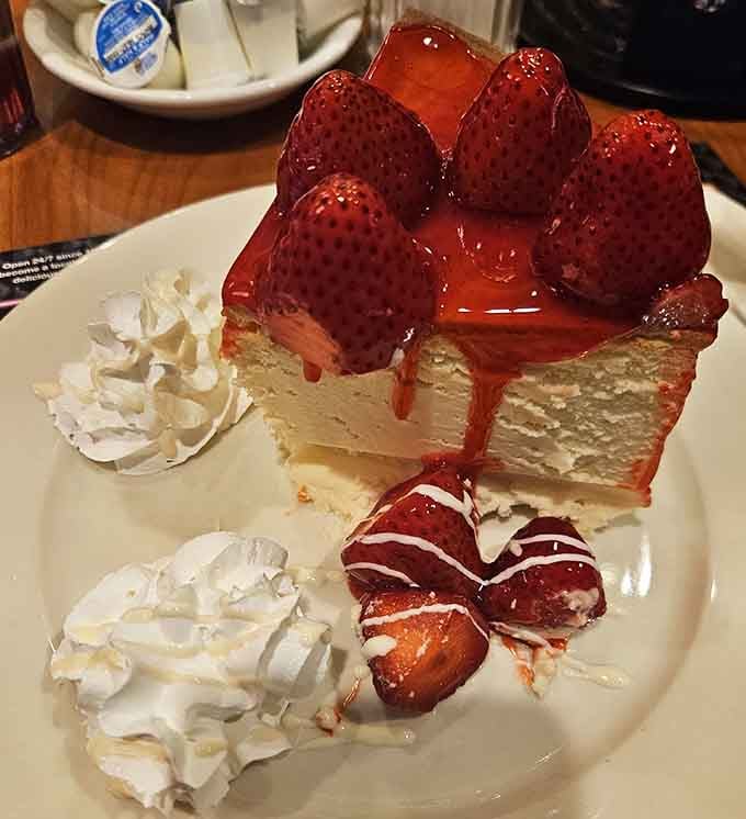 Cheesecake topped with strawberries that looks like it belongs in an art museum, not your stomach.