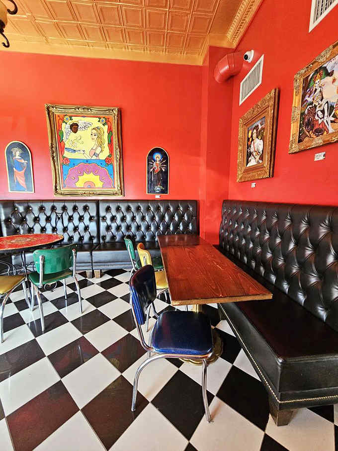 Tufted booths and checkered floors create a retro vibe that somehow feels both nostalgic and completely current today.