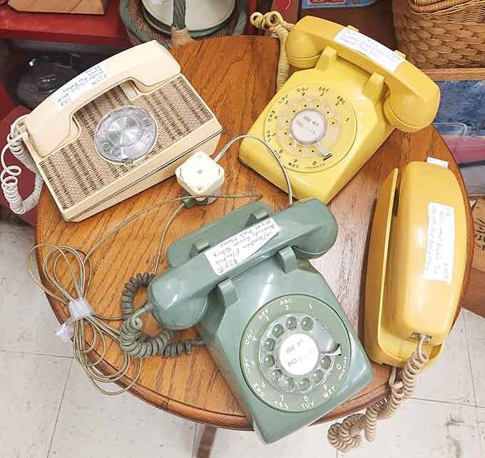 Rotary phones in cheerful colors, back when "hang up" was a literal instruction, not just an expression.