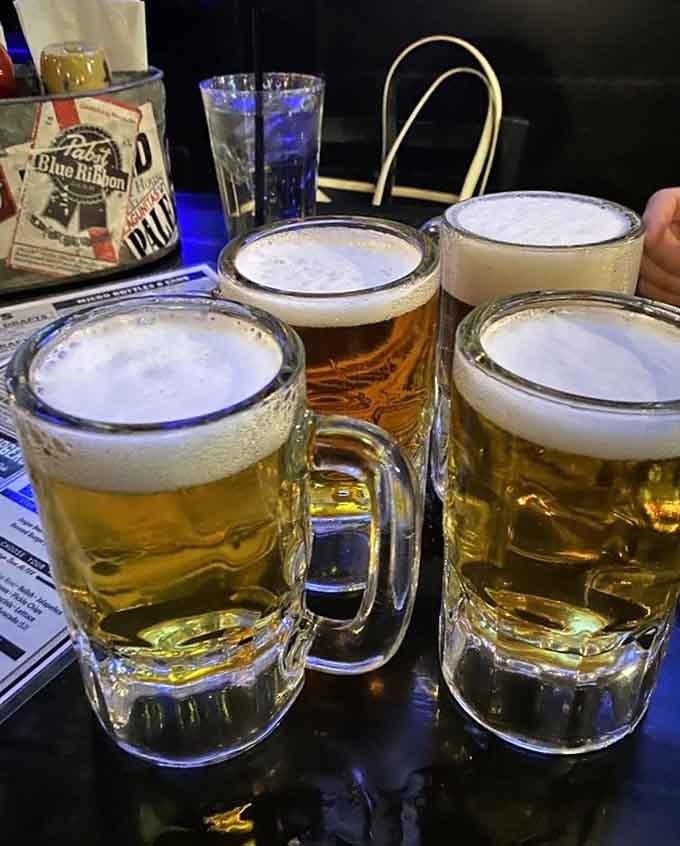 Those frosty mugs of beer look like they're posing for their own magazine cover, and they're absolutely nailing it.