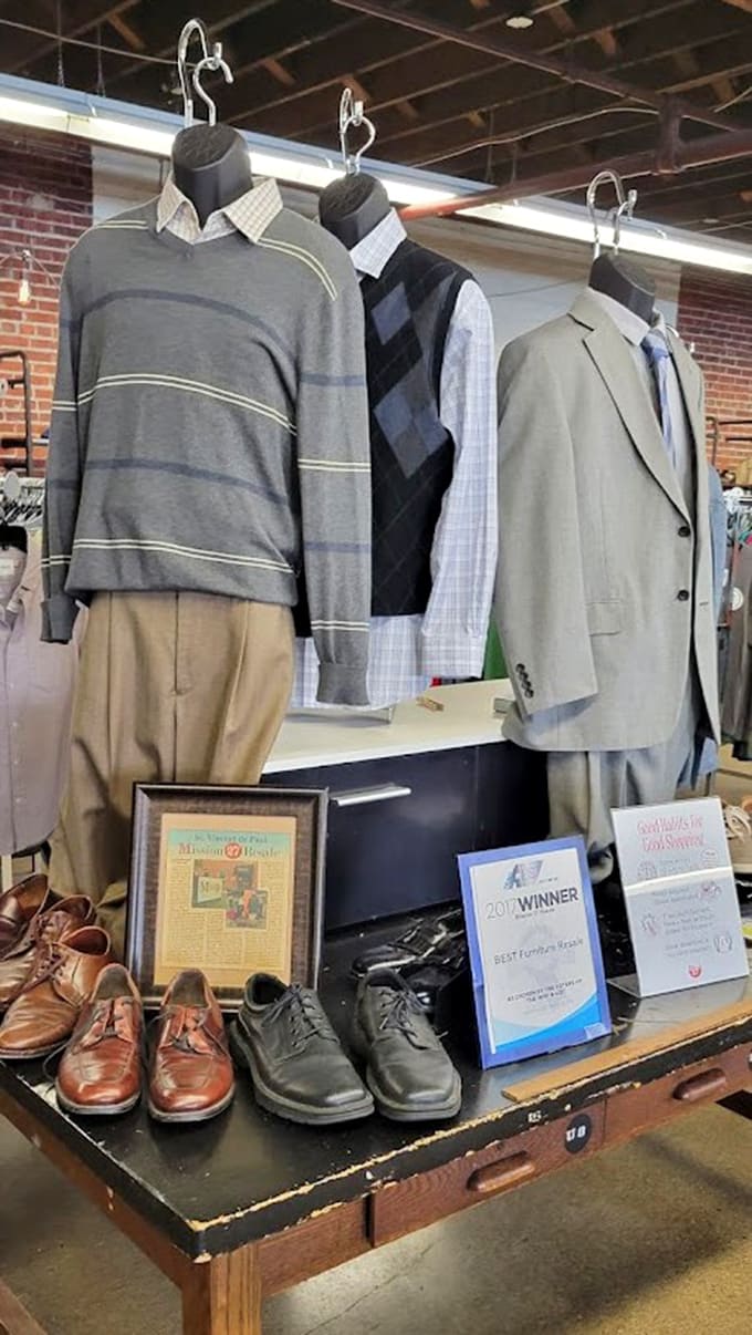 Men's clothing displayed with department store flair, proving thrift shopping isn't just for bargain hunters anymore.