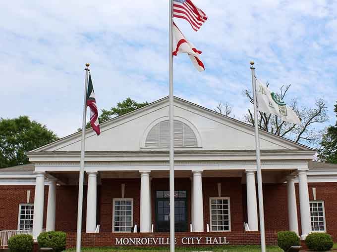 Monroeville City Hall stands proud with its columned entrance, looking exactly like a city hall should in the South.