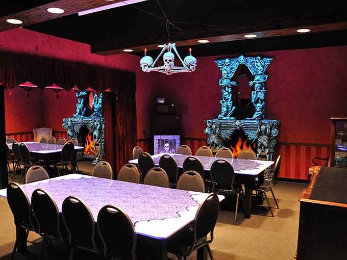 Party central with skeleton sentries standing guard, because even birthday celebrations deserve a touch of theatrical spookiness here.