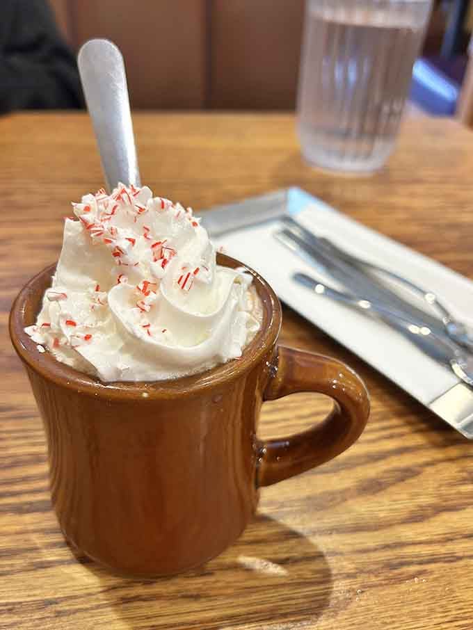 Hot cocoa topped with whipped cream and peppermint, because sometimes you need dessert with breakfast.