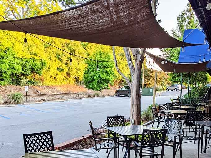 Shaded outdoor seating provides the perfect spot for enjoying Southern cuisine while watching Columbia's Vista neighborhood come alive.