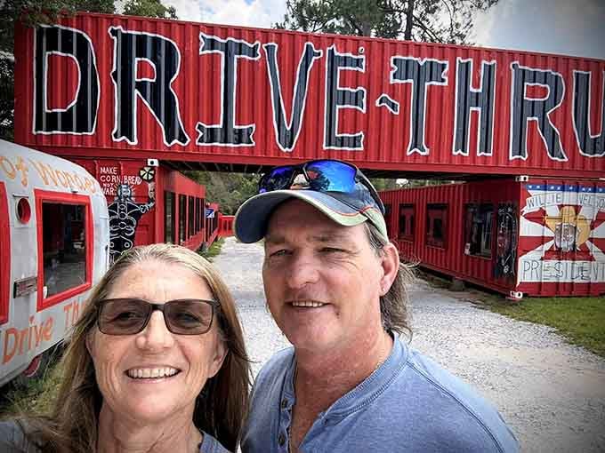 The vintage camper serves as the perfect photo opportunity, blending nostalgia with the promise of quirky adventures ahead for visitors.