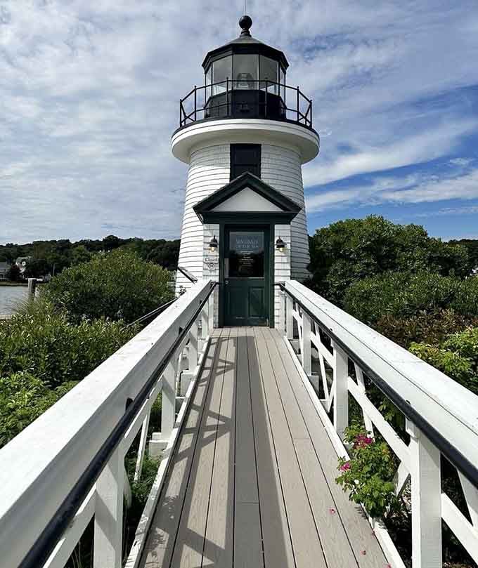This pristine lighthouse with its classic white clapboard siding could've been plucked straight from a New England postcard collection.