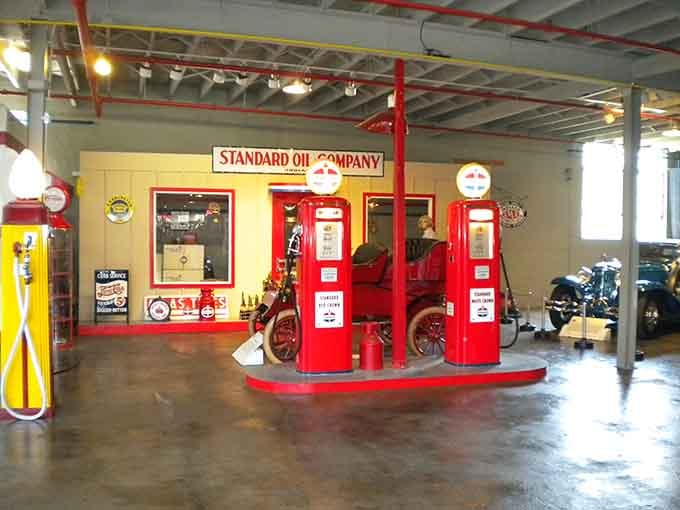 The vintage gas pumps stand like red sentinels guarding memories of simpler times and friendlier fill-ups everywhere.