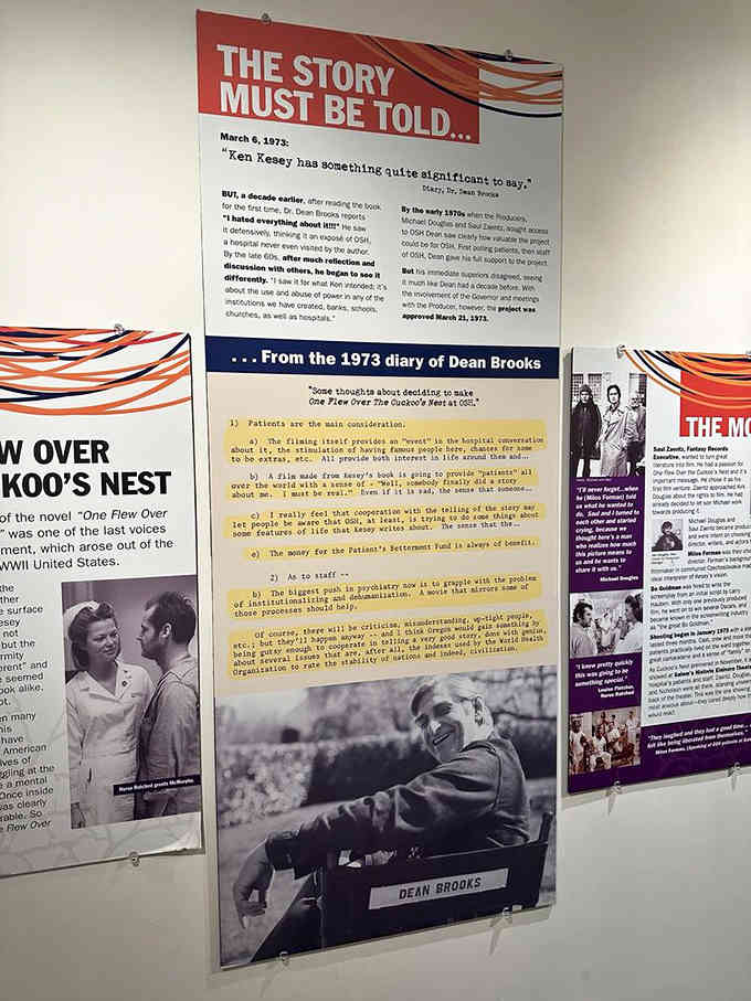Historical displays document the evolution from "One Flew Over the Cuckoo's Nest" filming to modern mental health understanding.