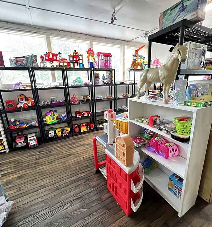 Toy shelves featuring everything from vintage playsets to that majestic white horse, because every kid needs a noble steed.