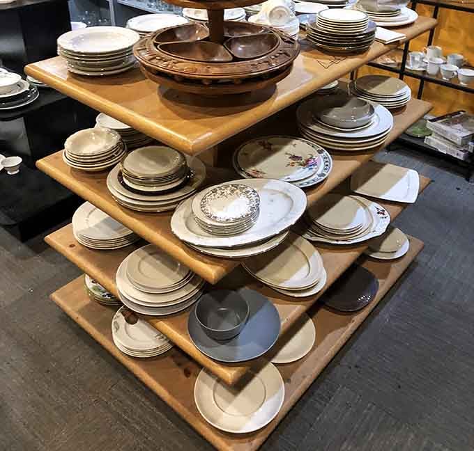 This wooden display tower showcases plates in every style imaginable, from floral grandma chic to sleek modern minimalism.