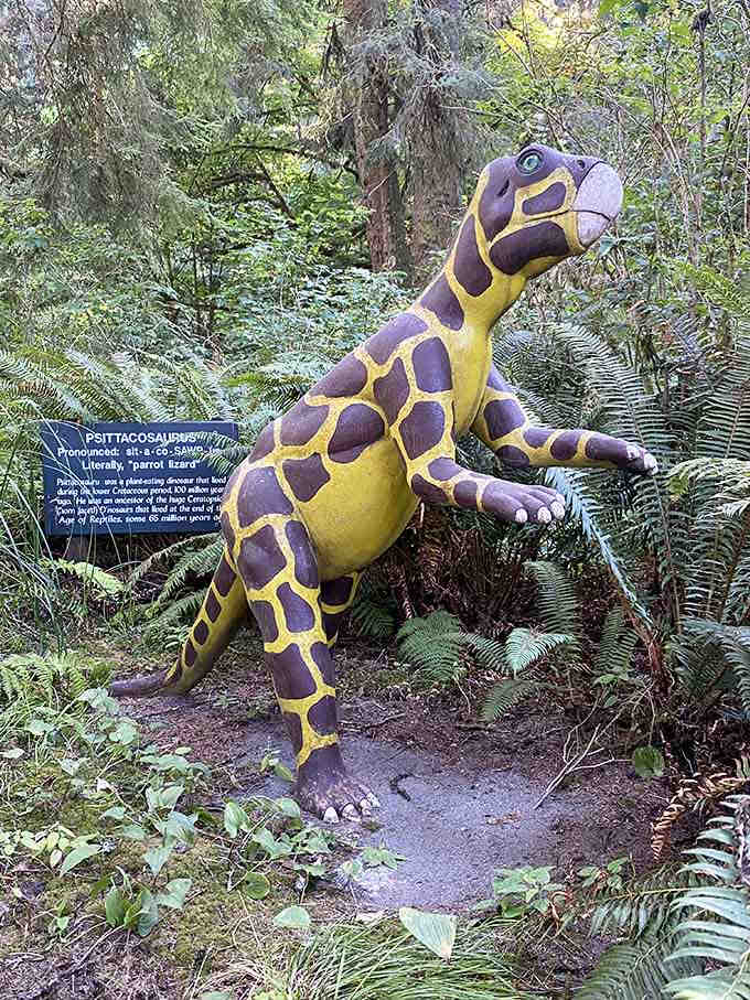 Purple and yellow never looked so good on anyone, prehistoric or otherwise, in this rainforest.