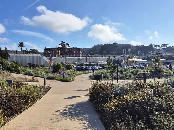 Parking exists nearby, meaning you can drive to the park built over the road without appreciating the irony too much.