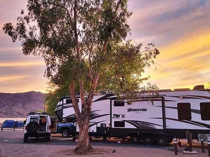 Sunset camping with all the comforts. This RV site transforms desert camping into a comfortable front-row seat to nature's grandeur.