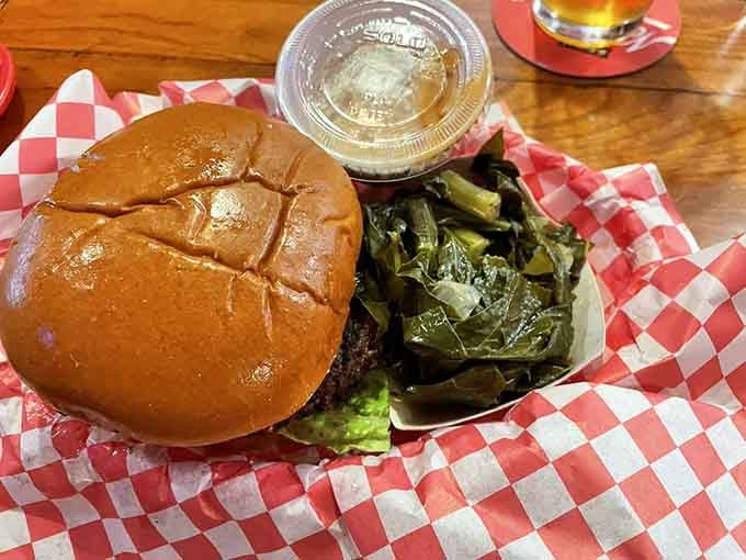 A veggie burger proves that even non-meat options get the royal treatment with fresh collard greens.