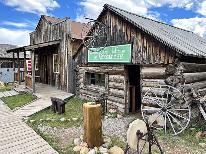 The blacksmith shop with its wagon wheels and weathered wood practically begs you to imagine the clang of hammer on anvil.