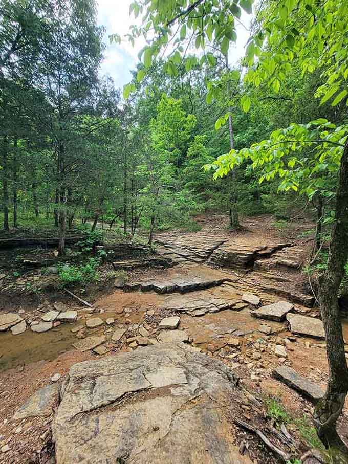 Rocky terrain that challenges riders while showcasing the park's unique industrial-meets-natural character perfectly.