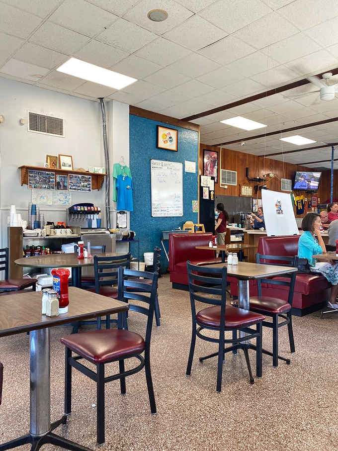 Classic diner seating and wood accents create an atmosphere where everyone feels right at home, sweatpants and all.